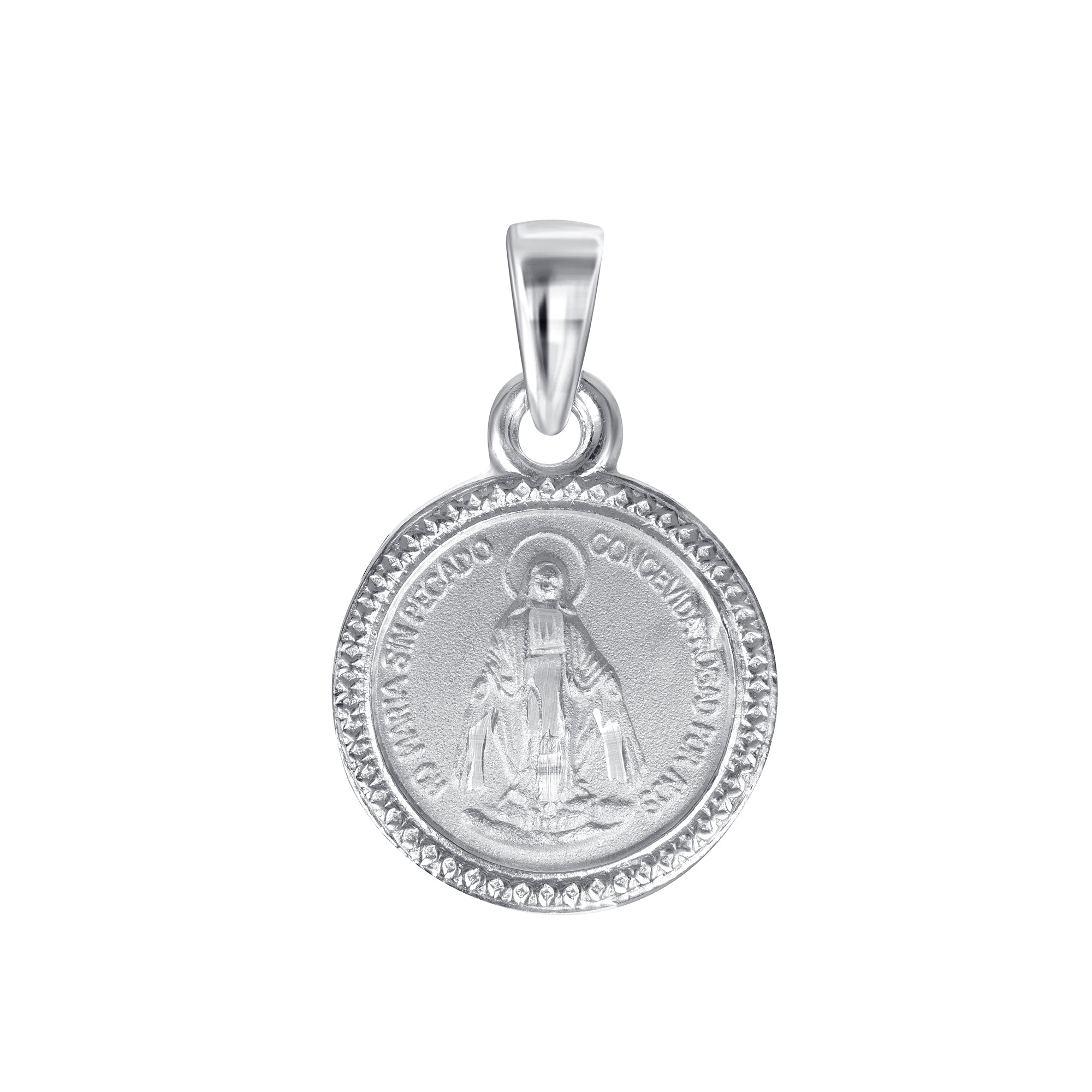 Silver 925 Virgin Small Miraculous Two-Sided Diamond Cut Border Pendan ...